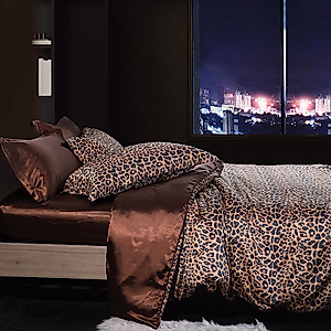 FKHFTI Duvet Cover Sets Double, 4 Pcs Satin Silk Bedding Set with Bed Sheets Leopard Printed Comforters Covers with 2 Pillowcases,2-King (1 King)