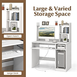 IFANNY White Computer Desk with Hutch, Wood PC Desk w/Power Outlet, Keyboard Tray and CPU Stand, Modern Writing Desk with Bookshelf, Student Desk for Bedroom, Simple Work Desk for Home Office