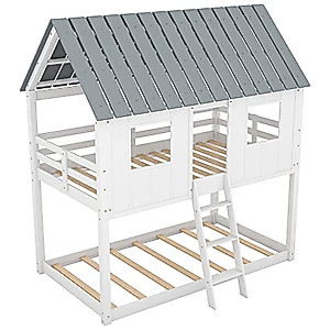 Harper & Bright Designs Twin Over Twin House Bunk Bed, Kids House Bed Frame, Wood Low Bunk Bed with Roof, Window, Guardrail, for Kids, Teens, Girls, Boys - White