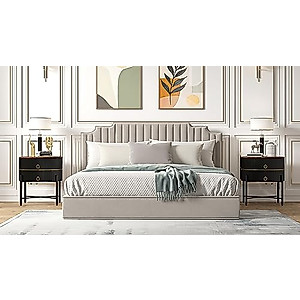 O&K FURNITURE Black Round Side Table for Living Room, Modern End Table with 2 Drawers, Metal Legs Nightstand for Bedroom, Black & Brown