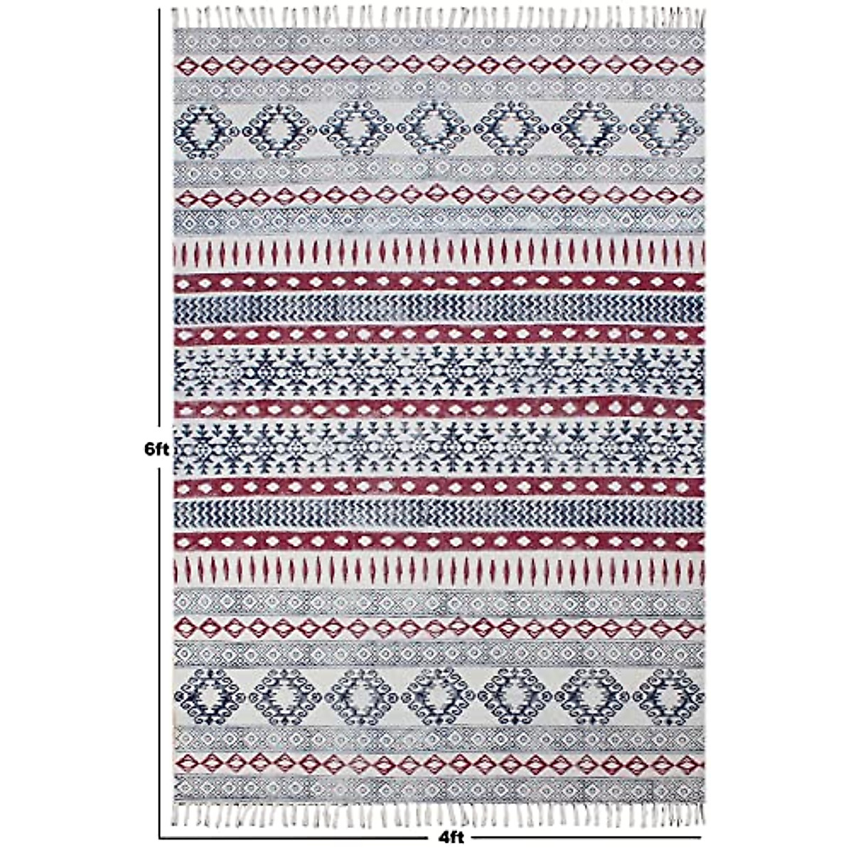 Casavani Hand Block Printed Cotton Dhurrie Geometric Red & Black Area Rug Doormat Floor Rug Indoor Area Rugs for Bedroom Living Room Laundry Room 3x5 Feet