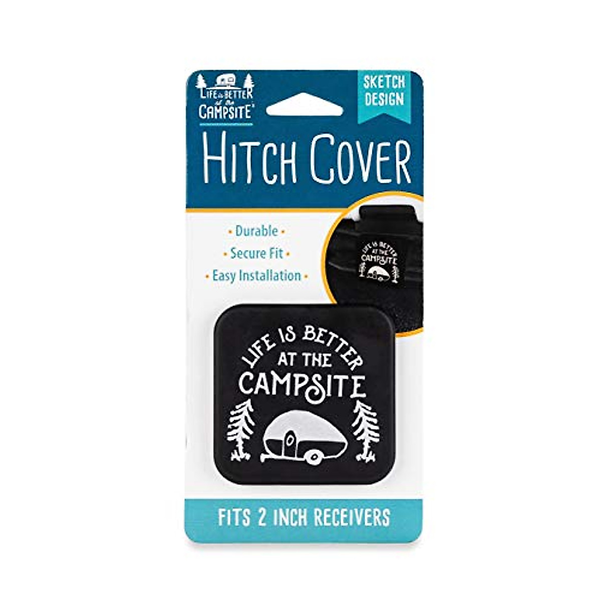 Camco Life is Better at The Campsite Hitch Receiver Cover | Protects Your Trailer Hitch Receiver from Debris, Dirt, Water and Rust | Life is Better at The Campsite Sketch Logo, Black/Silver (53410)