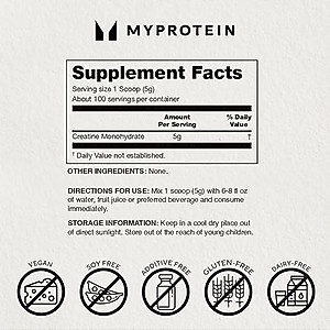 Myprotein Creatine Monohydrate Powder, 1.1 Lb (100 Servings) Pure Unflavored Creatine Powder, Post/Pre Workout Supplement for All Sports and Exercises, Gluten Free, Vegan, Dissolves Easy