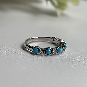 LUVJOO Turquoise Ring Sterling Silver CZ Half Eternity Wedding Band Stackable Blue Gemstone December Birthstone Rings Size 7, Blue,White,Silver