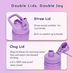 Mininoo Insulated Kids Water Bottle, 12 oz Stainless Steel Water Bottle Kids with Straw Lid and Chug Lid for Girls, Boys (Purple/Pink)