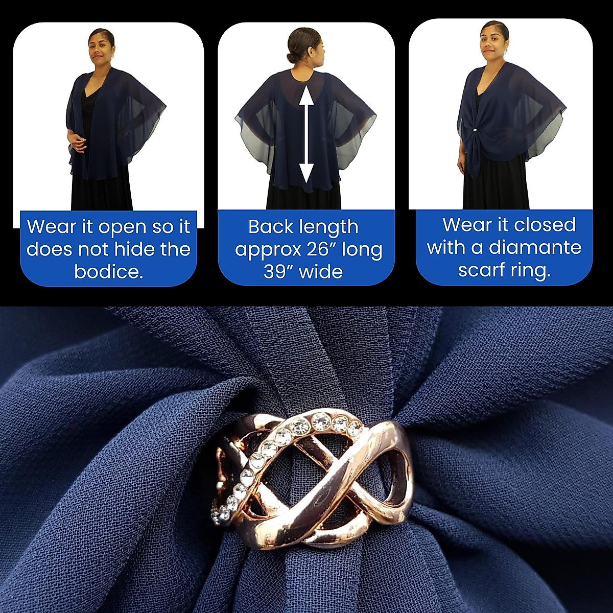 Womens Evening Dress Shawl Wrap and Rose Gold Ring Set - Sheer Chiffon Cape