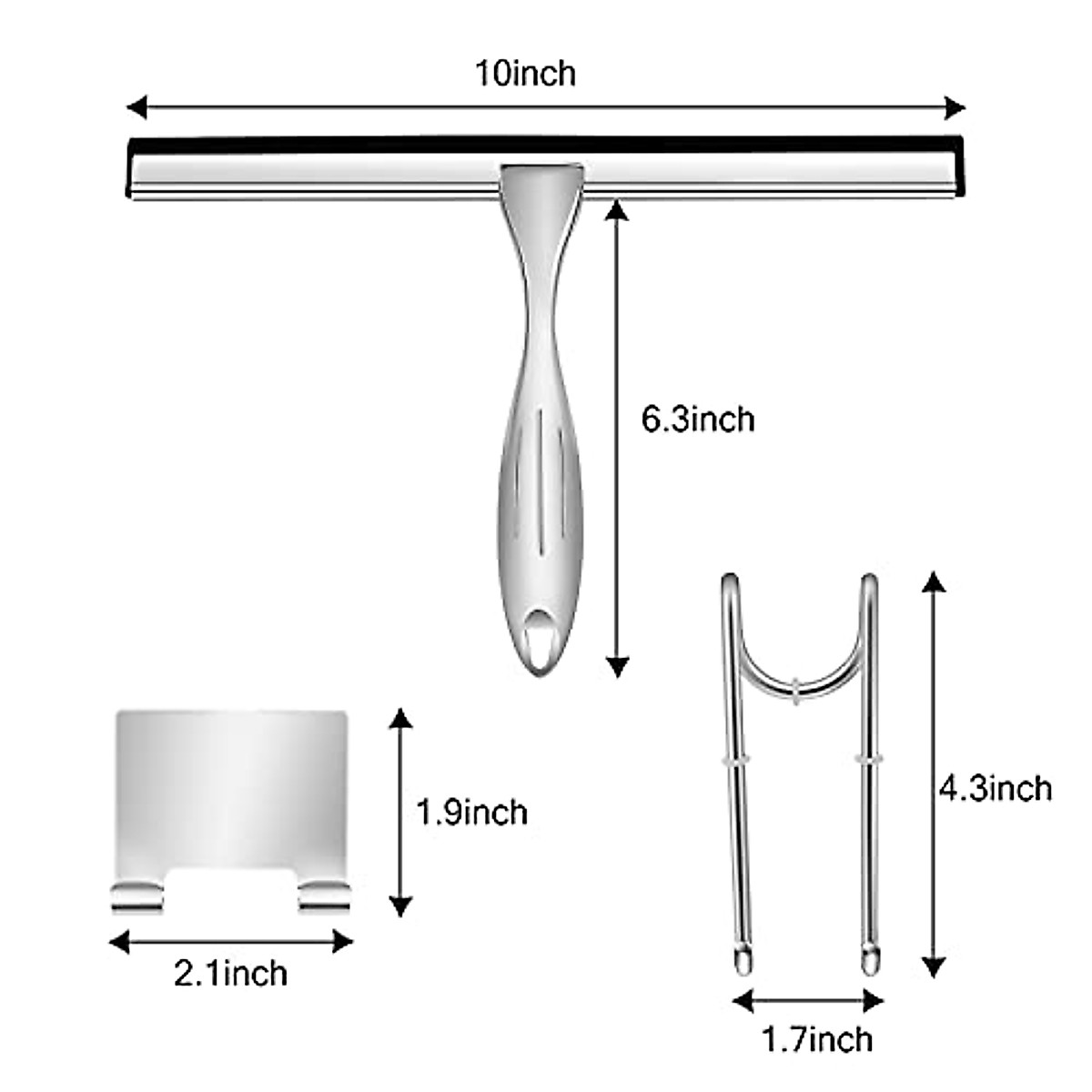 Abealv Shower Squeegee Stainless Steel Window Squeegees Non-Slip Bathroom Scraper Glass Shower Door Squeegee All-Purpose Car Wiper for Windows Kitchen and Mirror with 2 Matching Hooks Holder (10 inch)