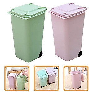 Tofficu Small Waste Basket 2pcs Mini Curbside Garbage Trash Bin with Wheels Lid Pen Holder Tiny Recycle Can Pencil Cup Desktop Organizer for Bedroom Office Desktop Car Green Pink