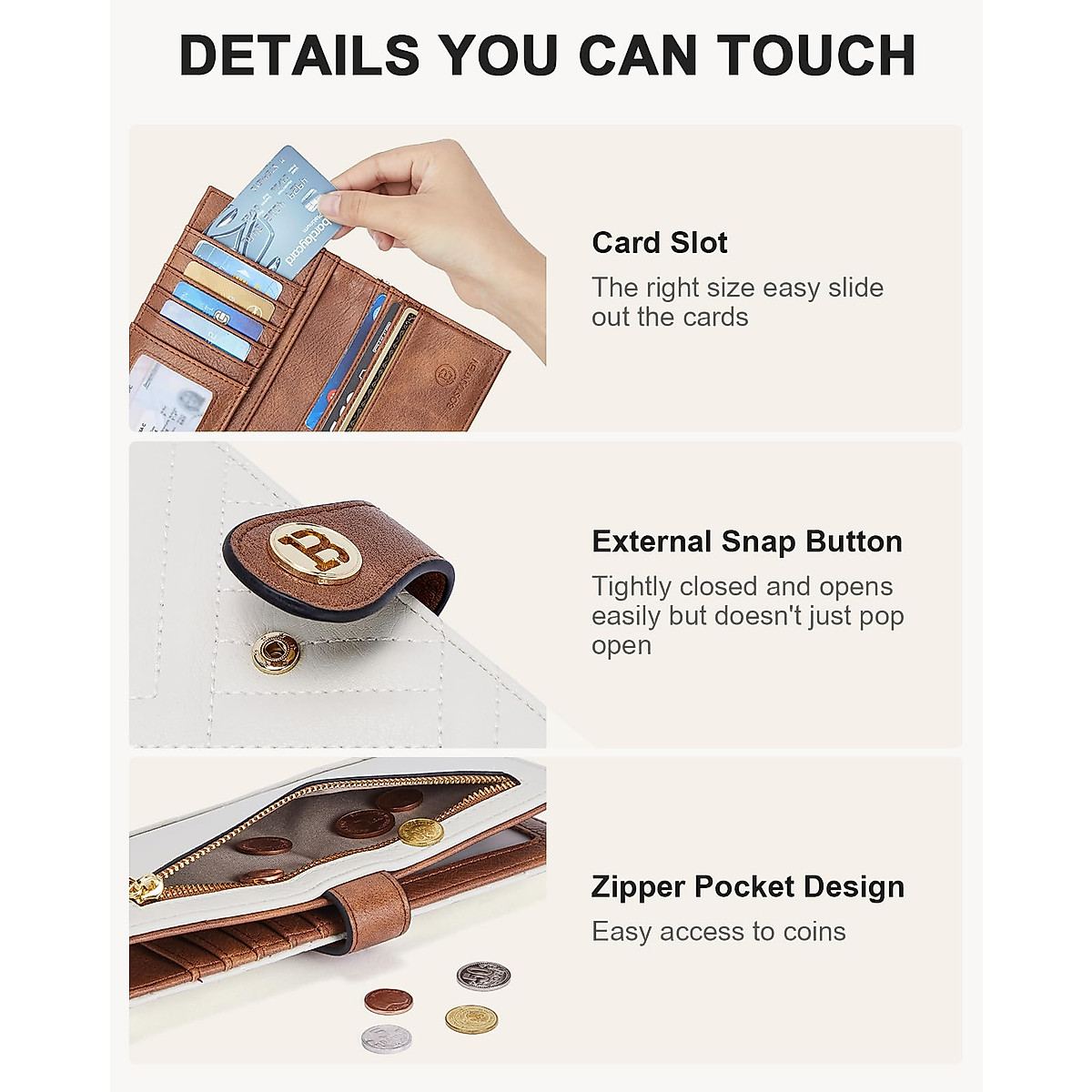 BOSTANTEN Slim Wallet Women Leather RFID Blocking Credit Card Holder Bifold Thin Wallet with Zipper Pocket Beige＆Brown