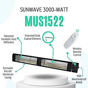 Sunwave 3000 Watt Infrared Patio Heater Tungsten Ultra Quartz Low Glare with Remote control and 3 power levels, 11,028 BTU Max output By Muskoka Lifestyle Products USA (Black)