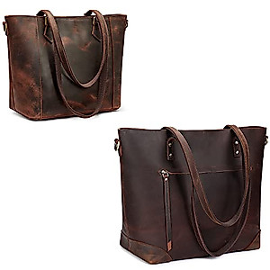 S-ZONE Vintage Genuine Leather Shoulder Bag Work Totes for Women Purse Handbag with Back Zipper Pocket Large