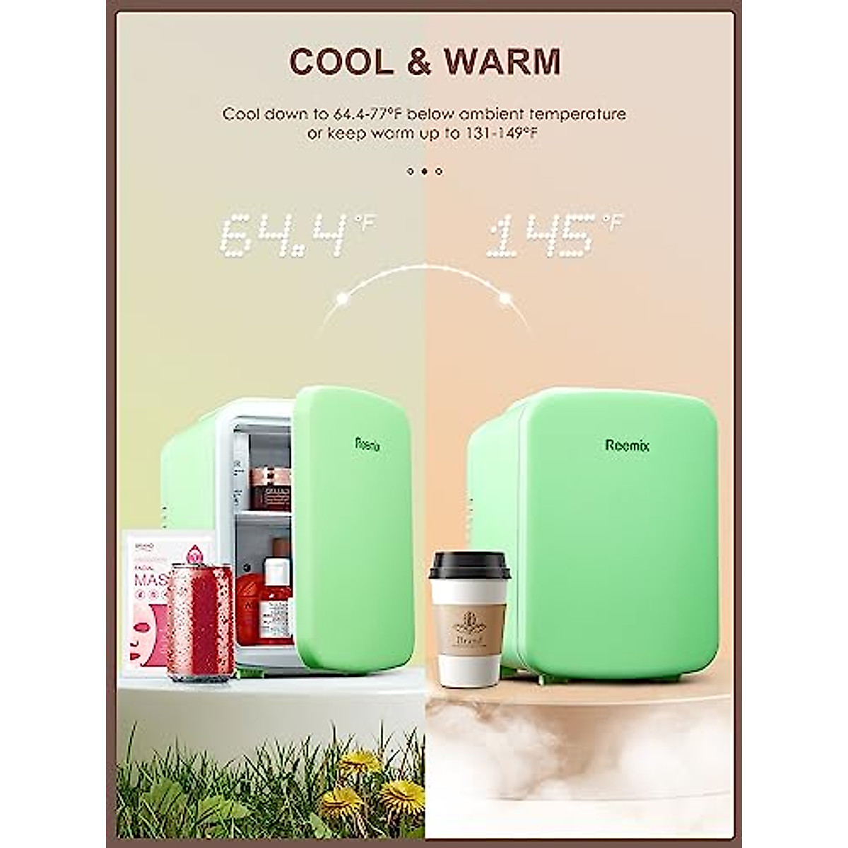 Reemix Mini Fridge, 3.7 Liter/6 Can Portable Cooler and Warmer Personal Refrigerator for Skin Care, Cosmetics, Beverage, Food,Great for Bedroom, Office, Car, Freon-Free (Green)