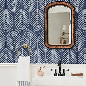 Fititem Blue Wallpaper Peel and Stick Wallpaper 393”×17.3” Coastal Modern Boho Contact Paper for Cabinet Dark Blue Leaf Wallpaper for Bedroom Removable Self-Adhesive Waterproof Wallpaper for Bathroom
