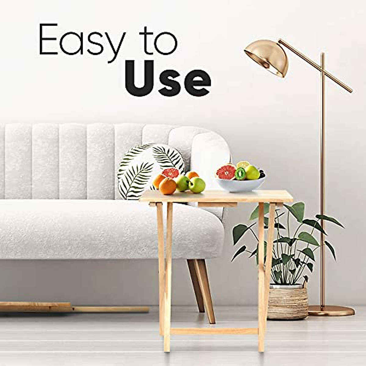 PJ Wood Folding TV Tray Table & Snack Table with Storage Rack, Natural - 5 Piece Set