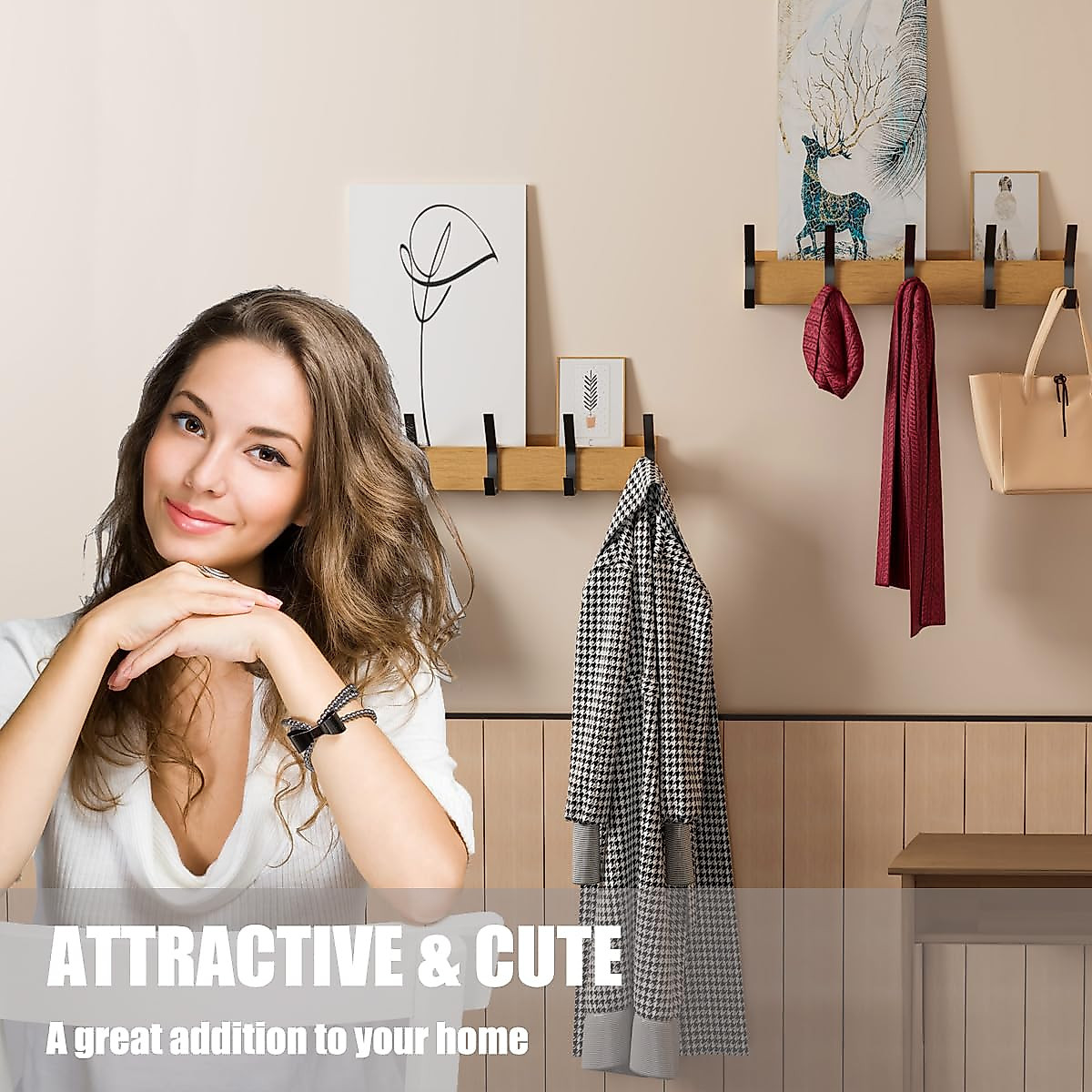 MOKIUER Coat Rack Wall Mount |17" Coat Rack with 5 Removable Double Hooks | Coat Hooks for Hat Key Backpack Towel,Wooden Wall Hook