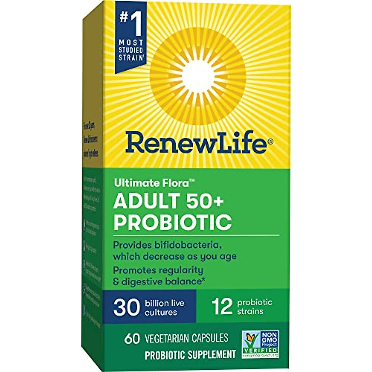Renew Life Adult Probiotics 50+, 30 Billion CFU Guaranteed, Probiotic Supplement for Digestive & Immune Health, Shelf Stable, Gluten Free, Extra Care, For Men & Women, 60 Capsules