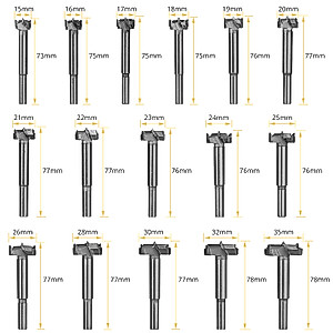 AMTOVL Forstner Drill Bit Set 16 Pcs Carbide Forstner Bits 15-35mm Woodworking Hole Saw Hinge Drill Bit High Speed Steel Drill Bits for Wood Plastic Plywood