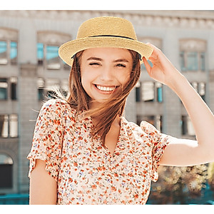 Men/Women Summer Straw Pork Pie Hat Boater Derby Fedora Sun Hats with Bowknot(S/M)