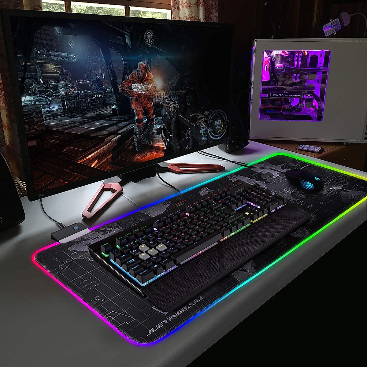 JYZZ RGB Gaming Mouse Pad - Large Led Keyboard Pad, Mouse Mat with HD Map, Smoothly Waterproof Surface, Non-Slip Rubber Base, 31.5"" X 11.8"" & 14 Light Modes