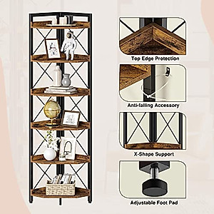 Rolanstar Corner Shelf, 6 Tier Book Shelf Display Shelves, Corner Ladder Shelf Plant Stand for Living Room, Kitchen, Balcony, Small Space, Rustic Brown