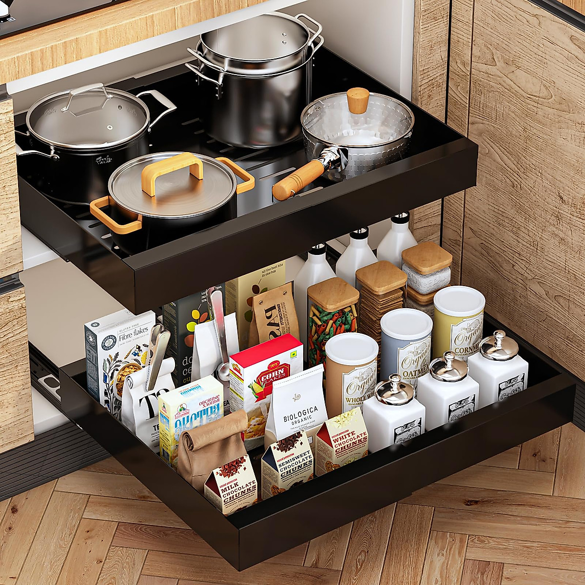 2Pc Pull out Cabinet Organizer,Slide out Drawer with 3 Rails,16"D,Expandable(12.1"-20"W) Peel and Stick Pull out Drawers for Kitchen,No Screw Adjustable Cabinet Drawer,Pantry Roll out Shelves,No Drill