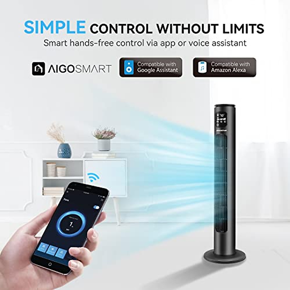 Aigostar Smart Tower Fan Oscillating Cooling Fan with Remote, Quiet Bladeless Standing Fans for Home Bedroom, 24H Timer 3 Speeds 3 Modes LED Display WiFi Voice Smart Control, Works with Alexa/Google