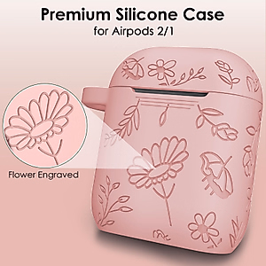 Filoto Airpods Case, Silicone Flower Engraved Protective Case Cover Apple Airpod 2/1 Skin Cover with Keychain for Women Girls (Pink Flower)