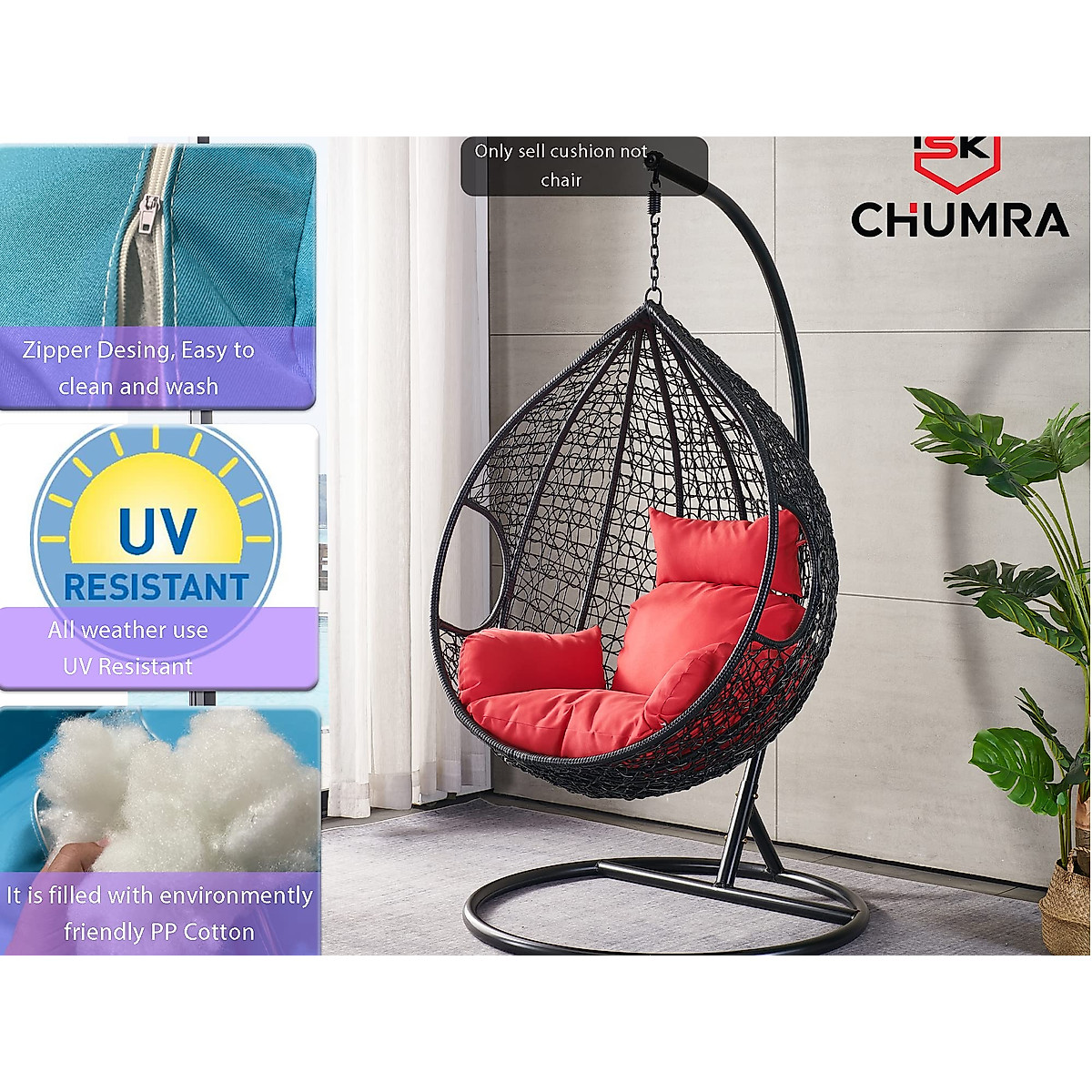SK CHUMRA Egg Chair Cushion Hanging Basket Chair Pads Wicker Rattan Hanging Seat Cushion Nonslip Soft Headrest & Armrest Outdoor Porch Backyard UV Resistant Patio Hammock Swing Cushions (Red)