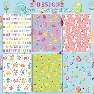Whaline 12 Sheet Easter Wrapping Paper 6 Designs Easter Egg Bunny Rabbit Wrapping Paper Watercolor Cartoon Art Paper for Spring Holiday Birthday Baby Shower Party Gift Wrap DIY Craft, 19.7 x 27.6 in