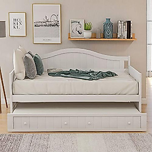 Lifeand Twin Wooden Daybed with Trundle Bed, Sofa Bed for Bedroom Living Room,White