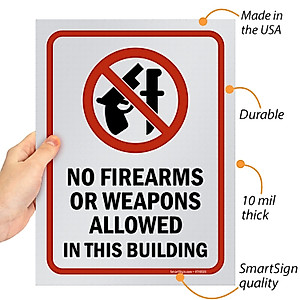 SmartSign (Pack of 5) 12 x 9 inch “No Firearms Or Weapons Allowed In This Building” Sign, Screen Printed, 10 mil Polystyrene Plastic, Red/Black on White