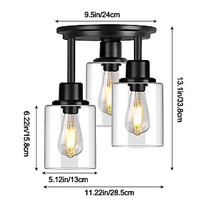 ROTTOGOON Semi Flush Mount Ceiling Light, 3-Light Close to Ceiling Light Fixtures, Matte Black Kitchen Light Fixtures with Clear Glass Shades, Hallway Light Fixtures Ceiling Mount for Foyer Entryway