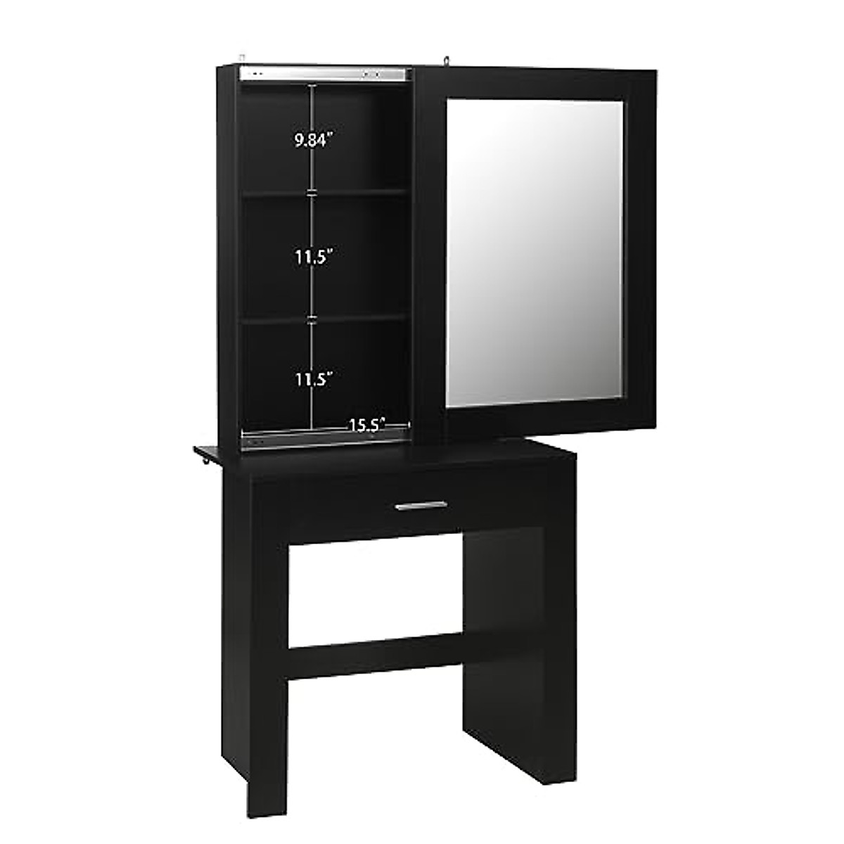 mixtavie Vanity Desk with Sliding Mirror & Stool, Makeup Vanity with Storage Shelves & Drawer & Chair, Vanity Table Set for Bedroom, Black
