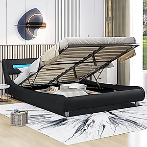 MWrouqfur Low Profile Upholstered Platform Bed with LED Lights Headboard, Hydraulic Lifting Under Bed Storage, Modern Curved PU upholstered Low Profile Platform Bed Frame for Kids Teens Adults