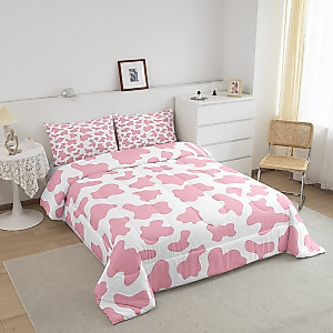Kid Cartoon Bedding Set Pink Cow Print Duvet Insert Twin,Milk Cow Animal Cowhide Comforter Set Farm Animals Quilted Duvet for Toddler Teen Boys Girls Farmhouse Bull Cattle Kawaii Room Decor