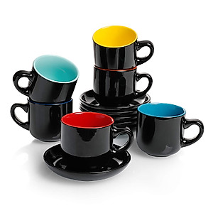 Teocera Porcelain Cappuccino Cups with Saucers - 6 Ounce for Coffee Drinks, Latte, Cafe Mocha and Tea - Set of 6, Black Multi Color