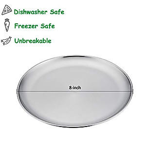 E-far Stainless Steel Plates Set of 4, 8-inch Metal Dinner Plates for Kids Toddlers, Great for Self-feeding/Picnic/Outdoor Camping, Healthy & Non-toxic, Shatterproof & Dishwasher Safe