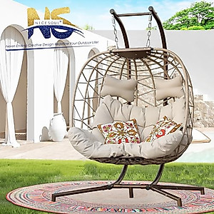 NICESOUL® Double Swing Egg Chair with Stand Large 2 Person Indoor Outdoor Wicker Patio Twins Basket Hanging Chair with Beige Cushions 510 Lbs Capaticy for Bedroom Balcony Oversized