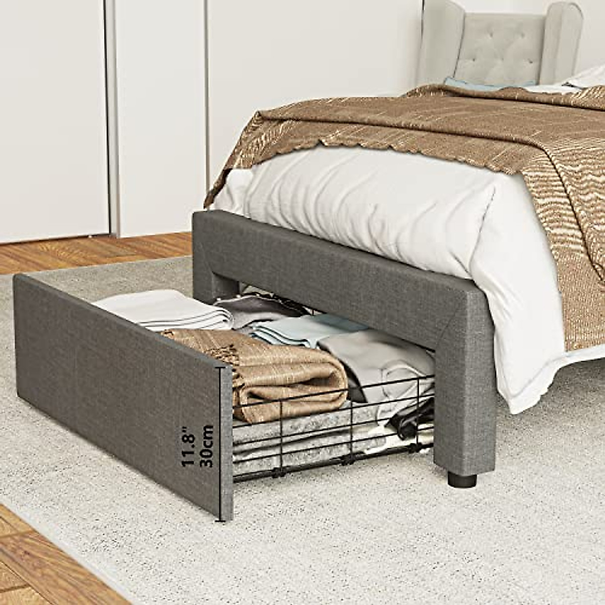 LIKIMIO Twin Bed Frame with XL Under-Bed Drawer, Platform Upholstered with Headboard, No Box Spring Needed/Noise-Free, Grey