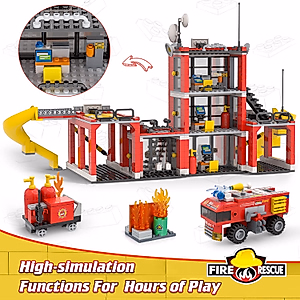 WishaLife City Fire Station Toy Building Set, with 2 Fire Truck Toys, Helicopter, Pretend Play Toys Gift Idea for Kids Boys Girls Ages 6 Plus