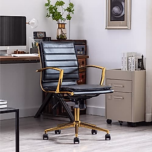 CIMOO Black Leather Office Chair Small Desk Chair Gold Executive Office Chair with Wheels Swivel Arm Chair Retro Task Chairs