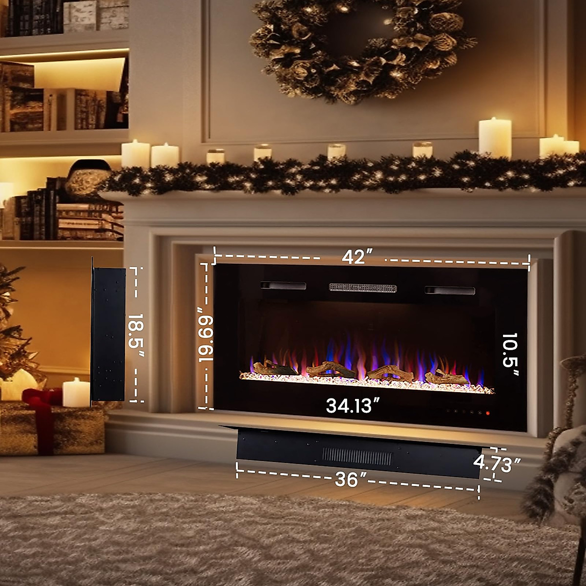 S-THROUGH 42 Inch Electric Fireplace Wall Mounted and Recessed, Linear Electric Fireplace with Remote Control & Timer, Touch Screen, Adjustable Flame Color, 750w/1500w Ultra-Thin Wall Fireplace Heater