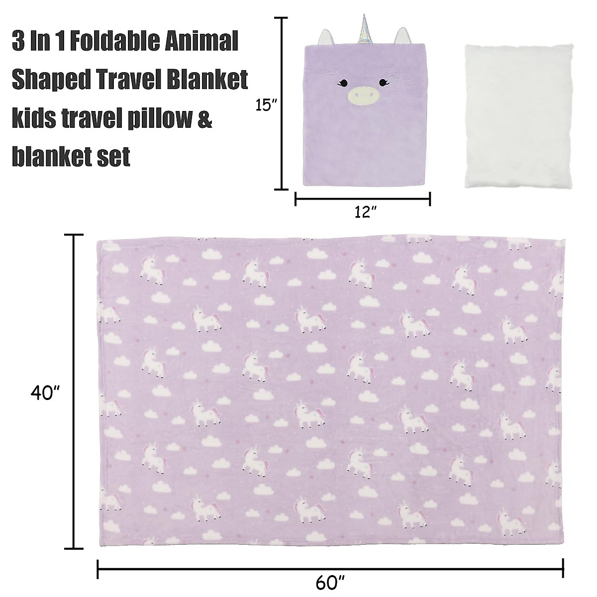 VigorSpring 3-in-1 Kids Travel Pillow Blanket Set, Snuggle Pillow in 12"X15", Plush Throw Blanket for Kids in 40"X60",Filled Throw Pillow, Machine-Washable,Great Gift (Lilac)