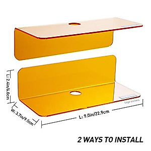 OAPRIRE Small Acrylic Floating Wall Shelves Set of 2, Flexible Use of Wall Space, 9 Inch Adhesive Display Shelf for Security Cameras/Smart Speaker/Action Figures, with Cable Clips - Clear Orange