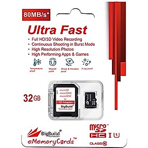 BigBuild Technology 32GB UltraFast 80MB/s Memory Card for Akaso EK7000 Action Camera, Class 10 MicroSDHC