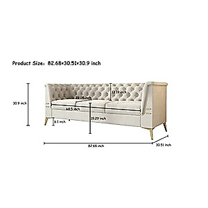 ANTTYBALE 82" Mid Century Modern Sofa for Living Room Velvet Couch Chesterfield Sofa with Gold Legs for Bedroom Office (Beige)