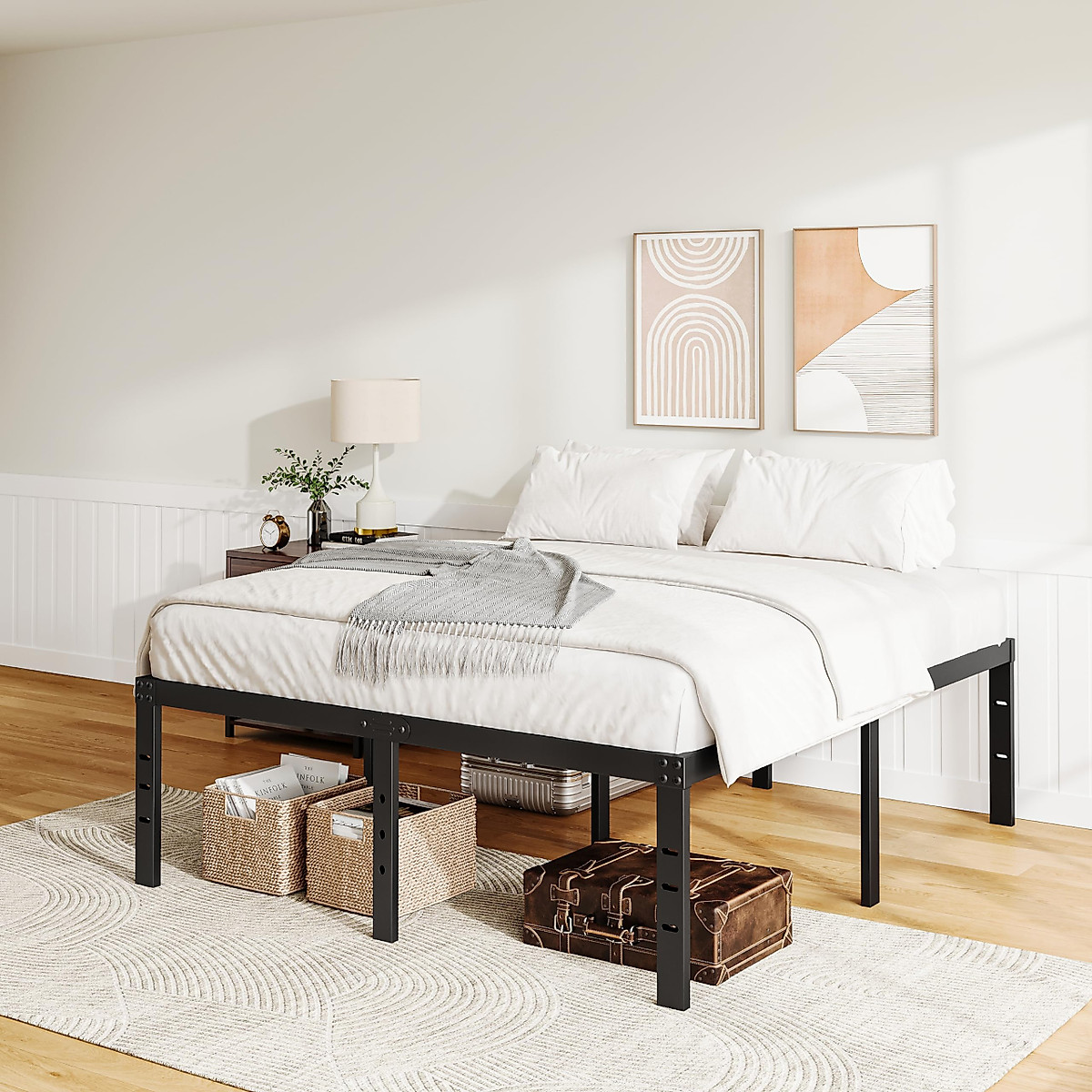 18 Inch Full Size Bed Frame No Box Spring Needed, Metal Platform Full Bed Frame, Easy Assembly Heavy Duty Noise Free Tall Bed Frame, Black