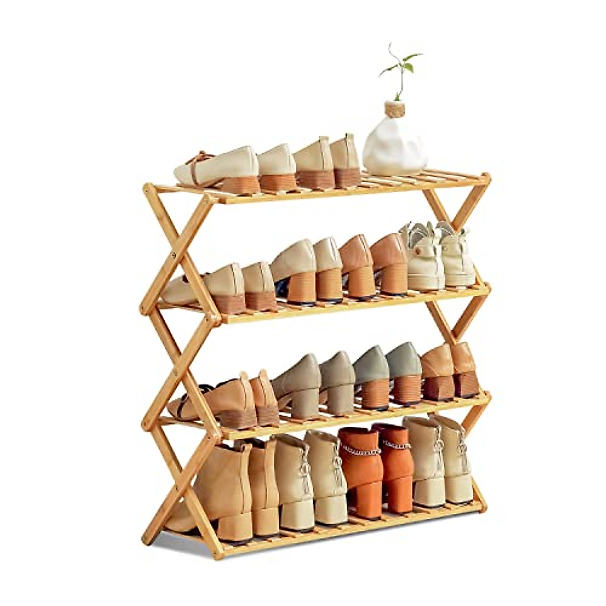 Mandorra Bamboo Shoe Rack 4 Tier Space Saving Free Standing Shoe Shelf No Assembly Foldable Shoe Rack Storage Organizer for Closet Hallway Bathroom Living Room Bedroom, Balcony, Folding (Natural)