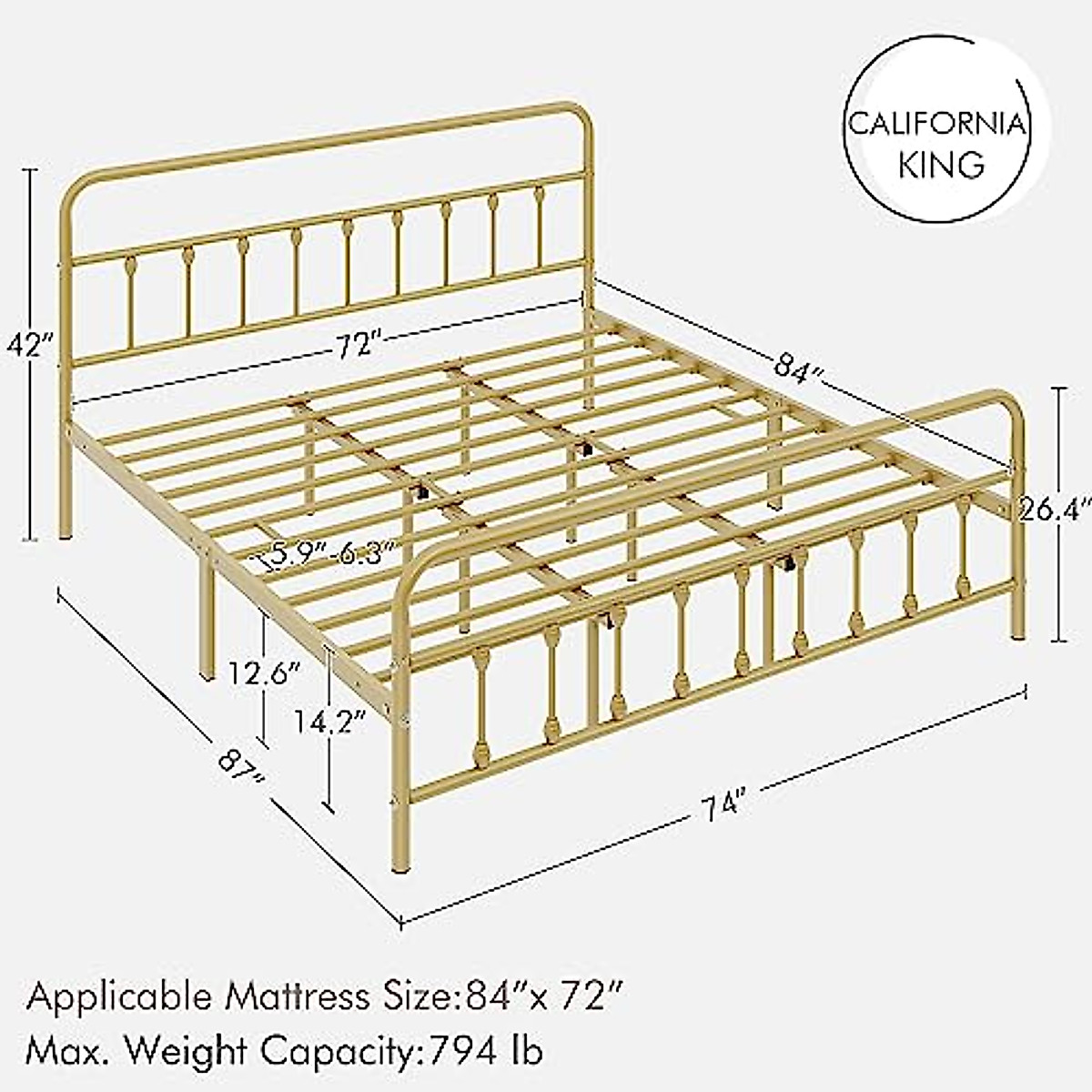 Topeakmart California King Size Victorian Style Metal Bed Frame with Headboard/Mattress Foundation/No Box Spring Needed/Under Bed Storage/Strong Slat Support Antique Gold