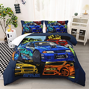 AILONEN Colorful Racing Car Comforter Set Twin Size, Extreme Sports Theme Bedding Set for Kids Boys,Modern Race Car Bed in a Bag,Cool Sports Car Duvet Set,1 Quilt 2 Pillowcases,3 Pcs